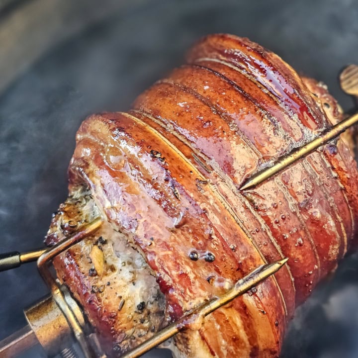 Smoked Rotisserie Italian Pork Belly Porchetta - Carne Diem